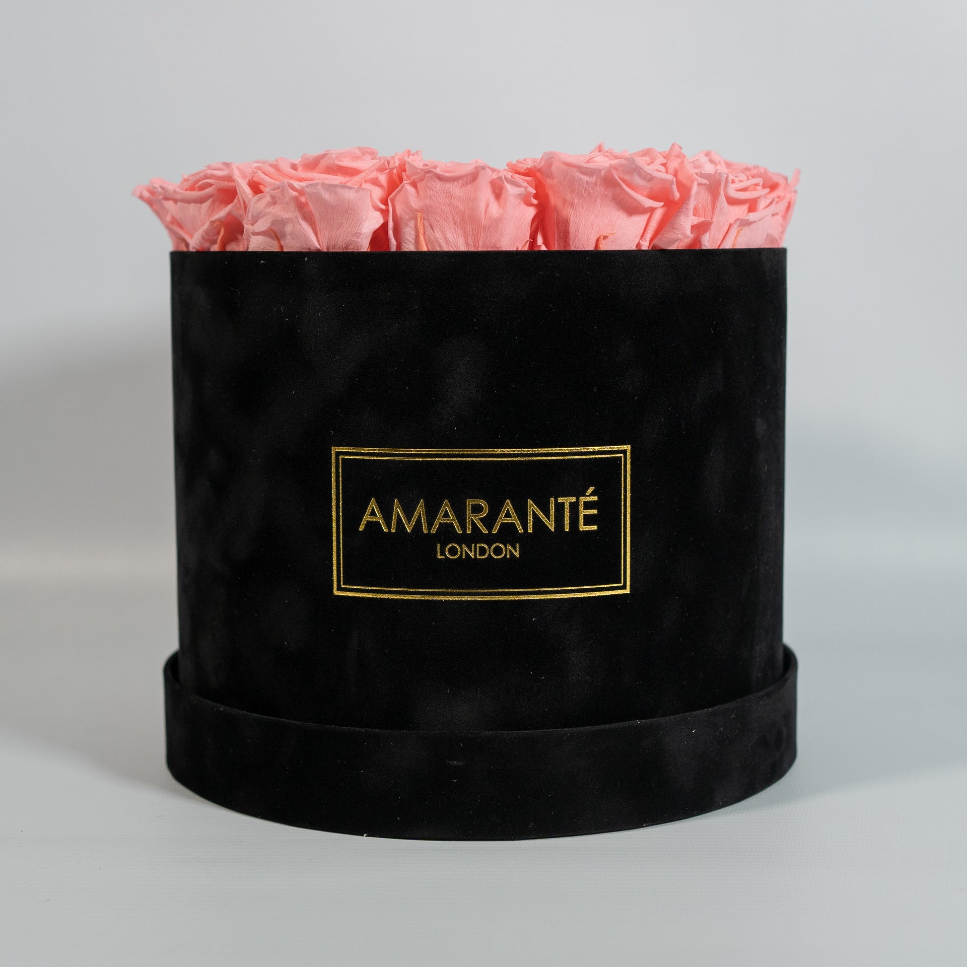 Infinity Roses in a Large Round Black Suede Rose Box – Amarante London