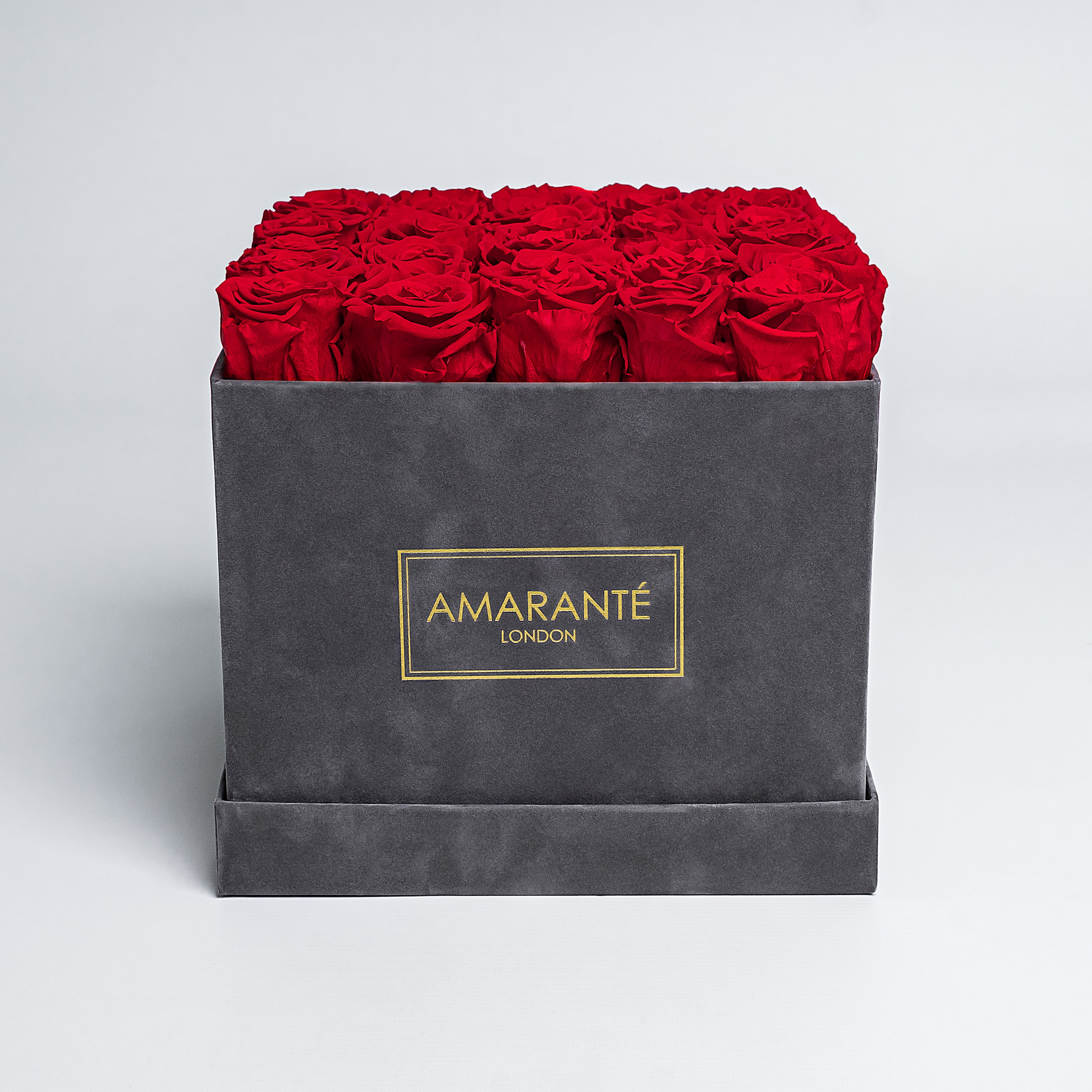 Large Grey Square Suede Rose Box with Infinity Roses – Amarante London