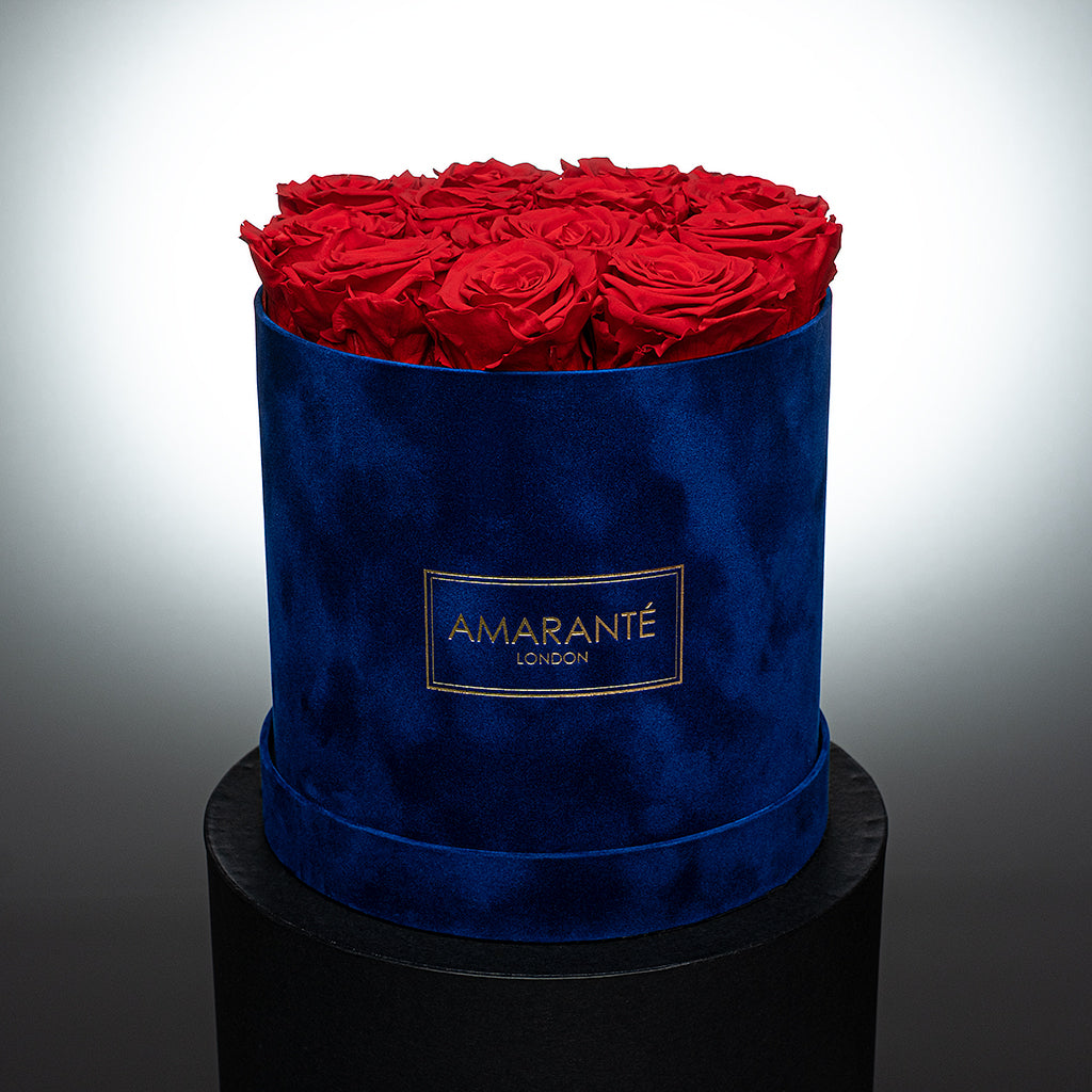 Medium Round Royal Blue Suede Rose Box of Infinity Roses – Amarante London