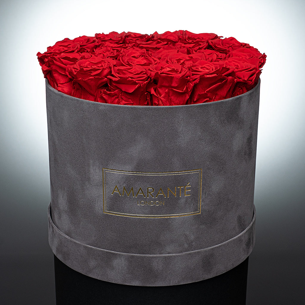 Large Round Grey Suede Rose Box with Infinity Roses – Amarante London