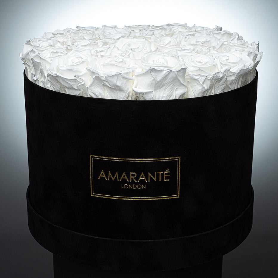 Extra Large Round Black Suede Rose Box of Infinity Roses – Amarante London