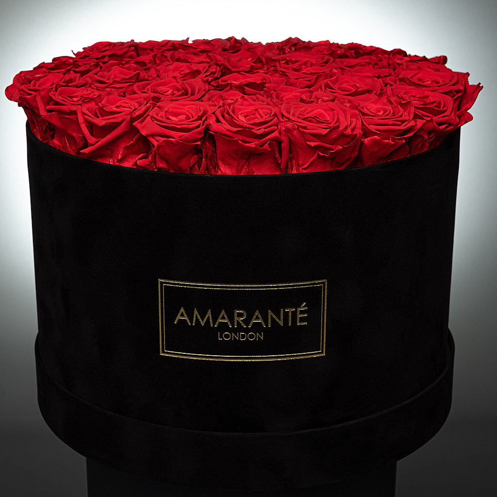 Extra Large Round Black Suede Rose Box of Infinity Roses – Amarante London